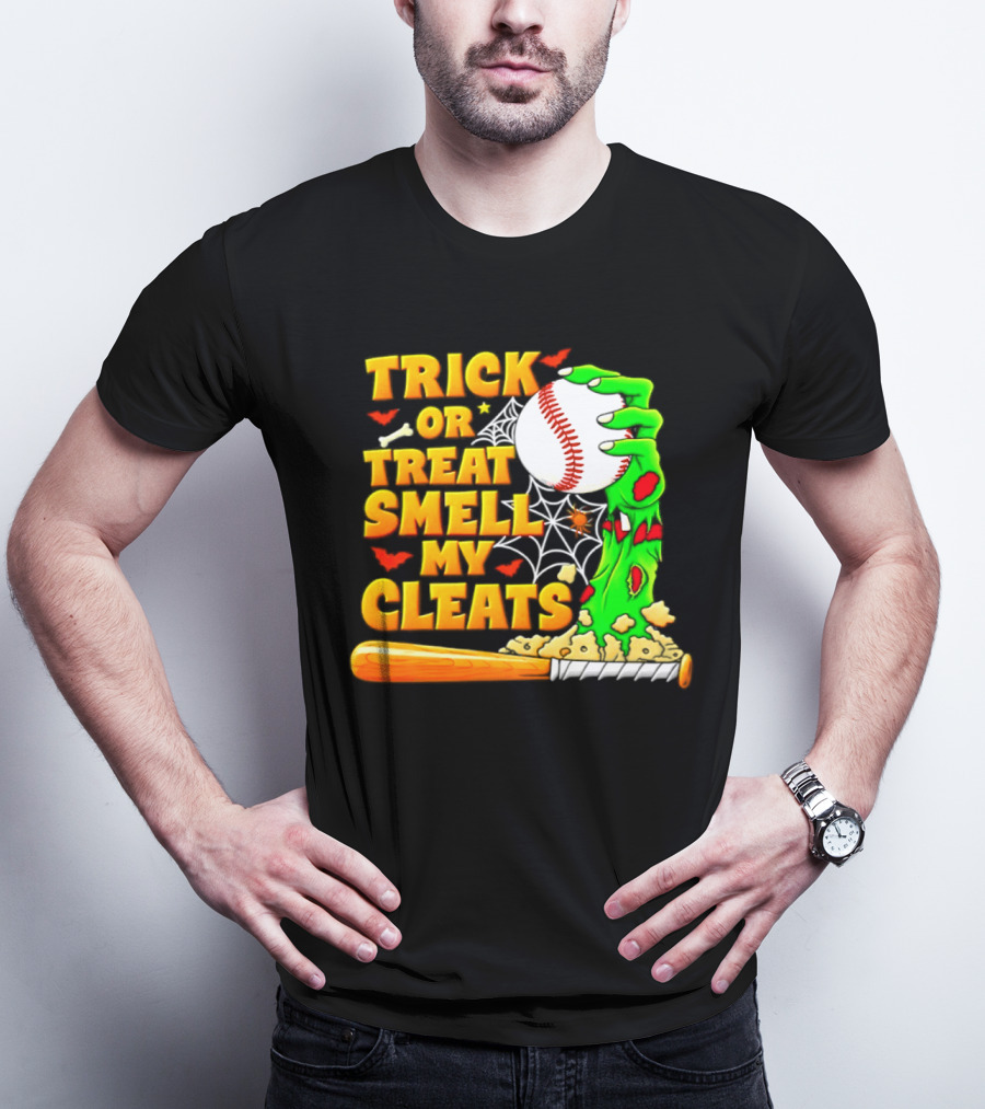 Trick Or Treat Smell My Cleats Zombie Hand Baseball Bat Halloween T-Shirt