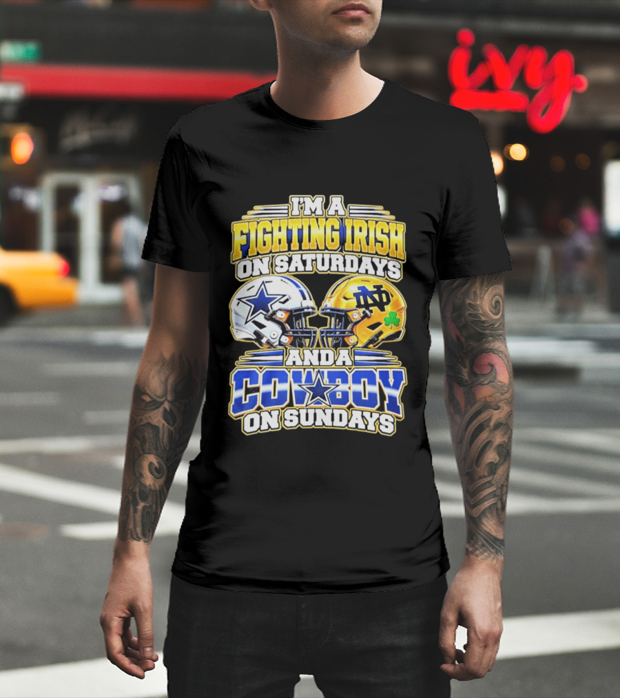 I'm A Fighting Irish On Saturdays And A Cowboy On Sundays Football Helmet Star Clover T-Shirt