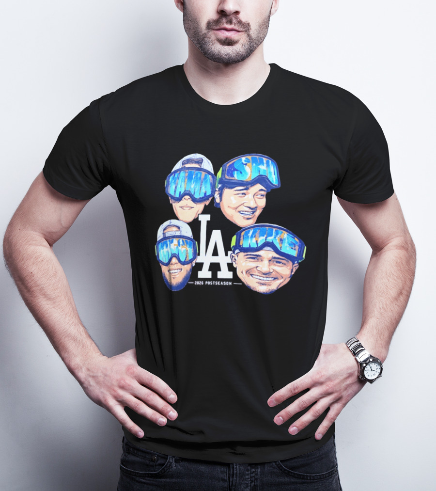 Los Angeles Dodgers 2026 Postseason Big Head LA Goggles MAMA SMILE MIKE T-Shirt