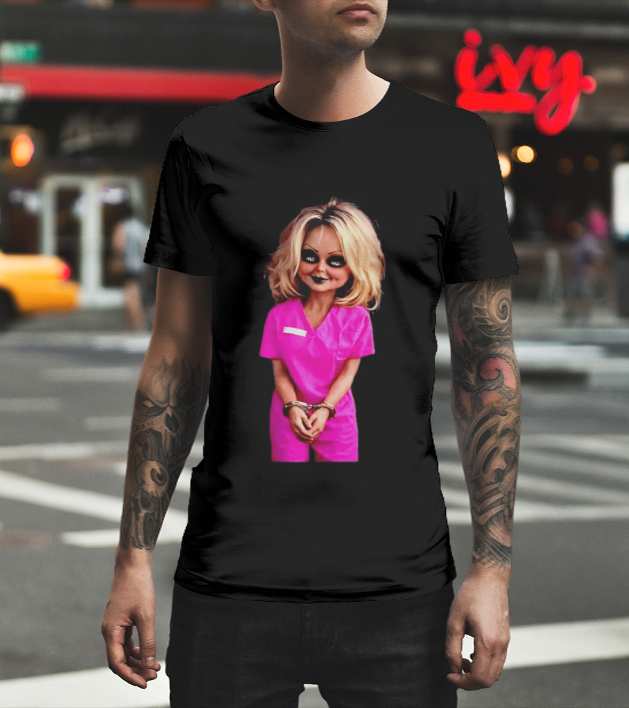 Tiffany Valentine Chucky Doll Pink Prison Uniform Halloween Costume T-Shirt