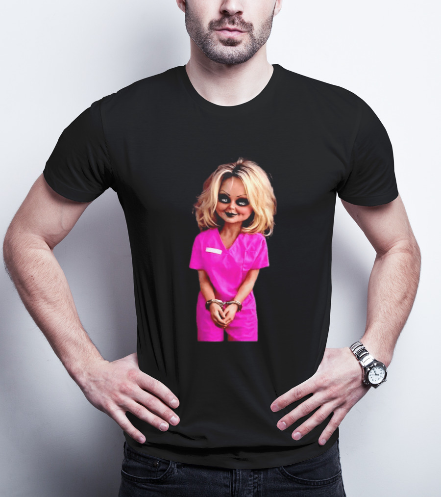 Tiffany Valentine Chucky Doll Pink Prison Uniform Halloween Costume T-Shirt
