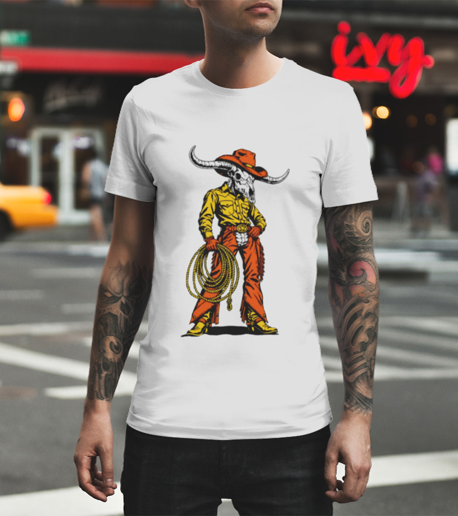 Cowboy Bull Skull With Roping Lasso Western Rodeo Skeleton T-Shirt