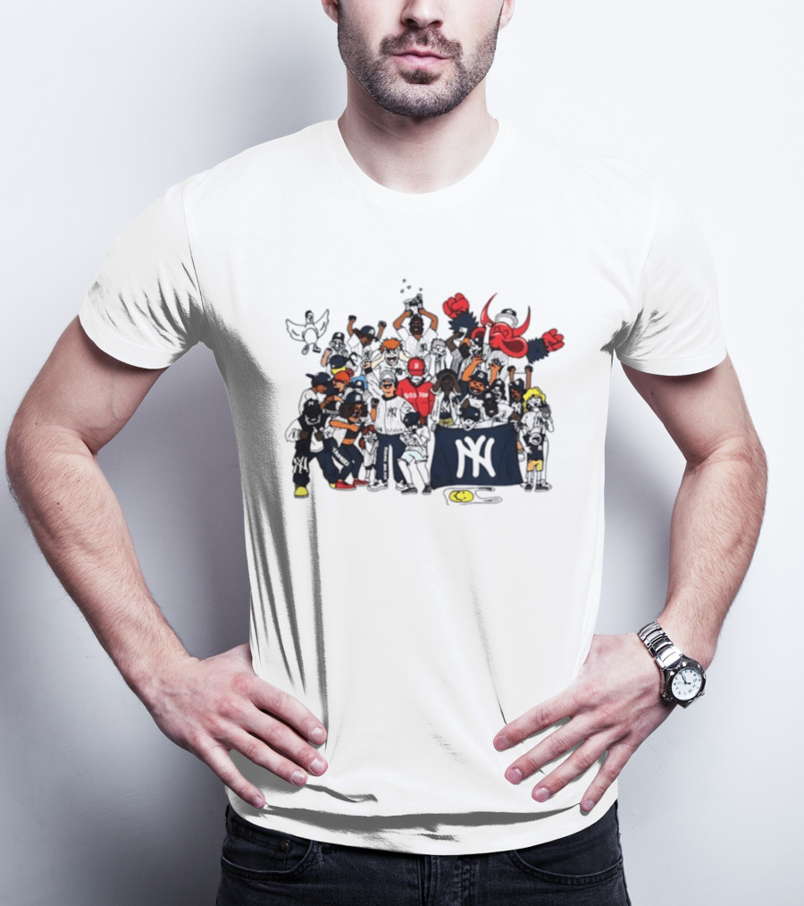 New York Yankees Fans Cartoon MLB Postseason 2026 Celebratory Group Scene T-Shirt