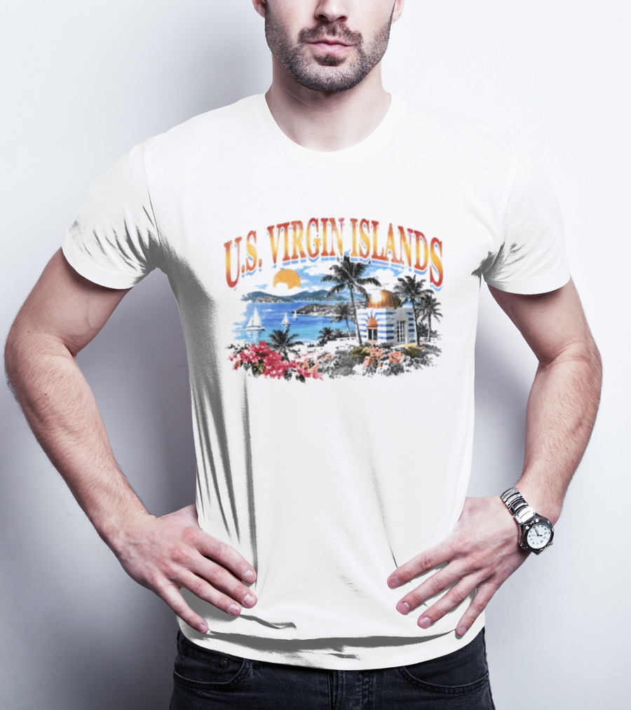 U.S. Virgin Islands Sunset Beach Scene With Palm Trees And Lighthouse T-Shirt