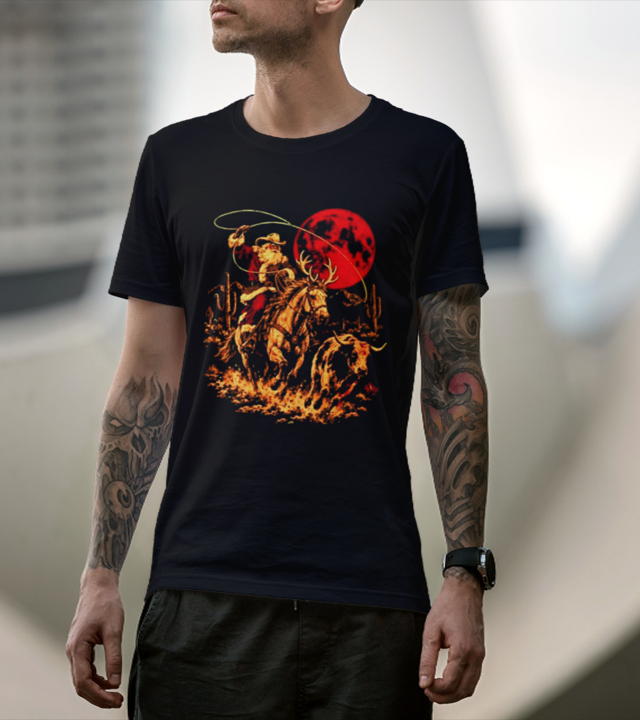 Cowboy Santa Christmas 2026 Holiday Western Rodeo Reindeer Cactus Desert Scene T-Shirt