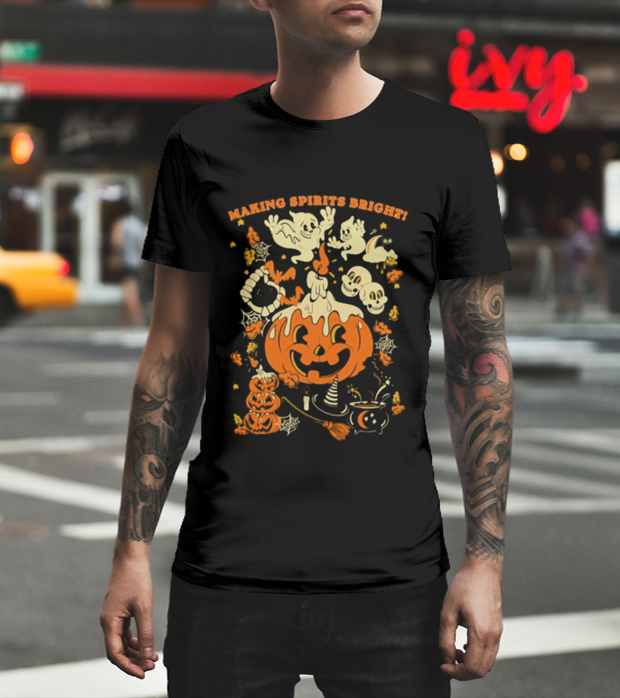 Making Spirits Bright Halloween Pumpkin Ghost Skull T-Shirt