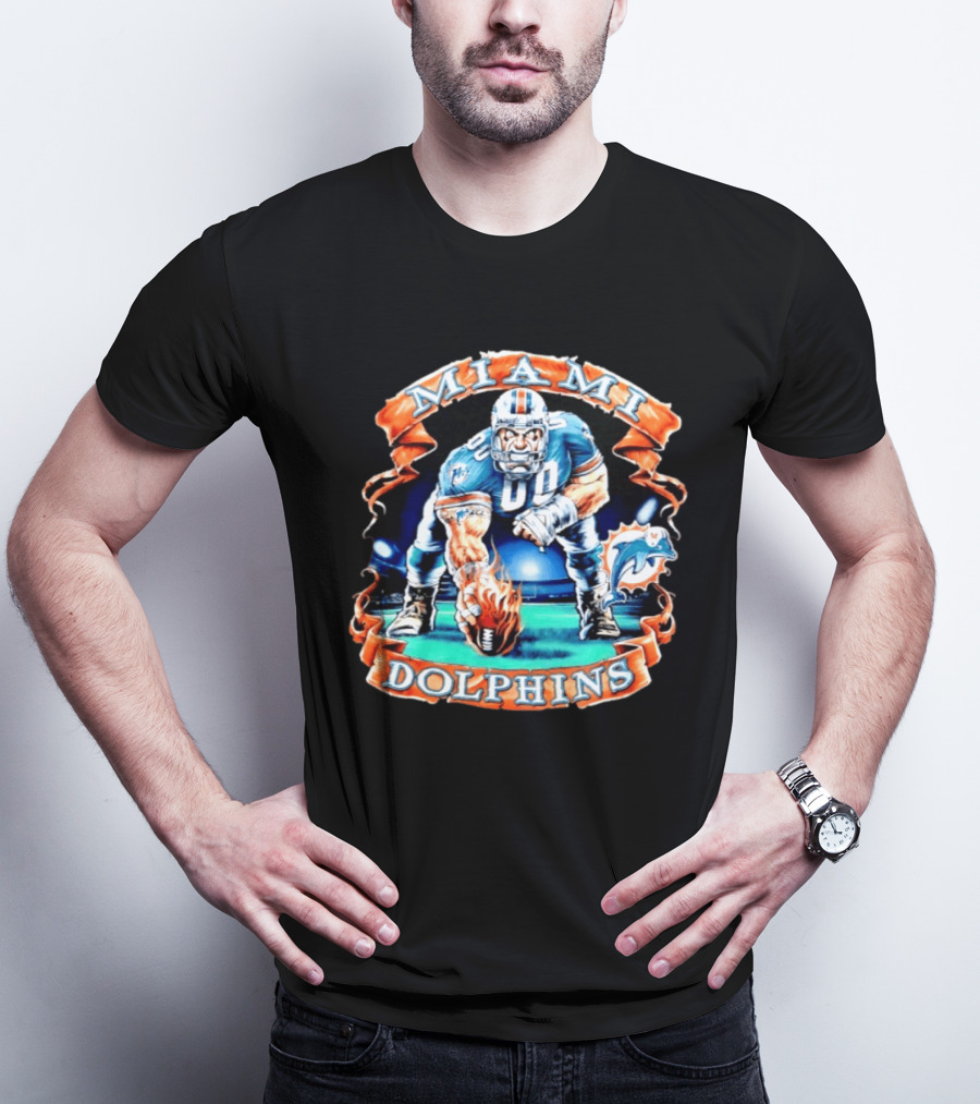 Miami Dolphins Big Man On Football Field With Flame Ball T-Shirt