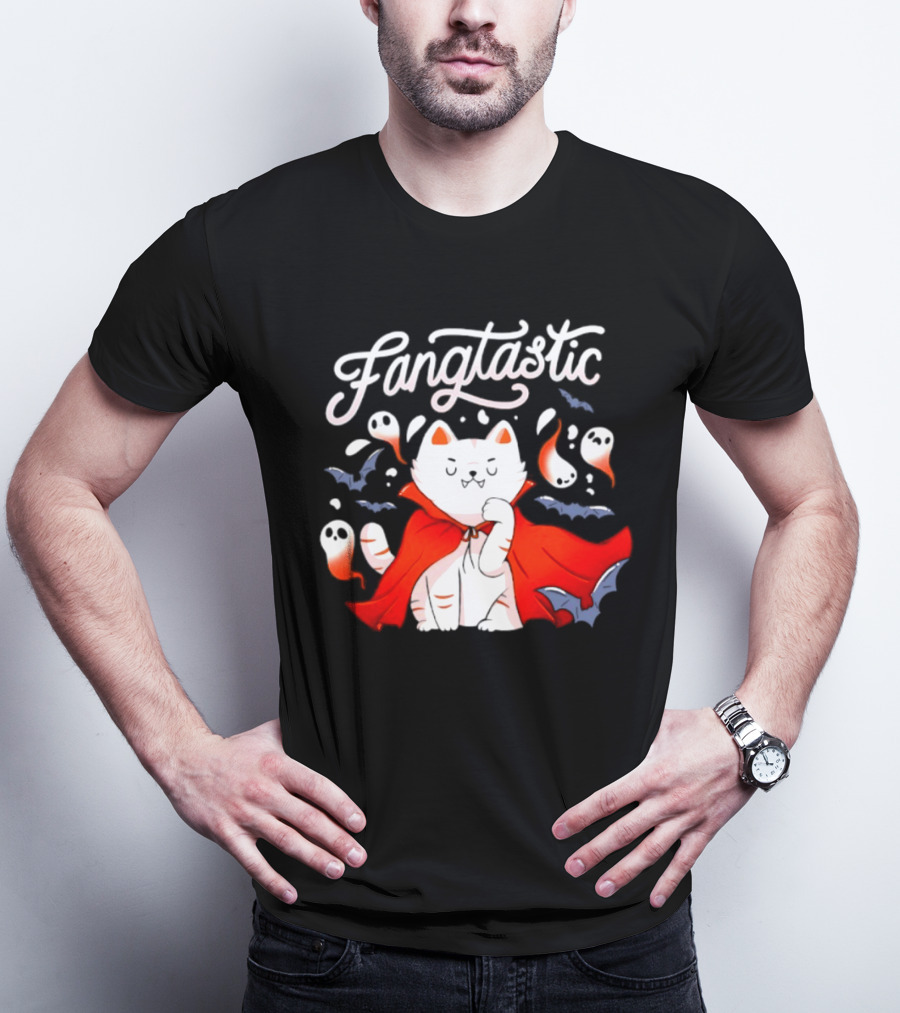 Fangtastic Vampire Cat With Ghosts And Bats Halloween 2026 T-Shirt