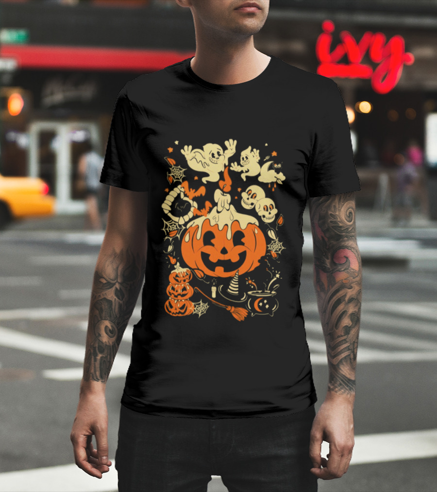 Halloween Pumpkin Ghost Skull Witch Hat Cauldron Spooky Bat T-Shirt