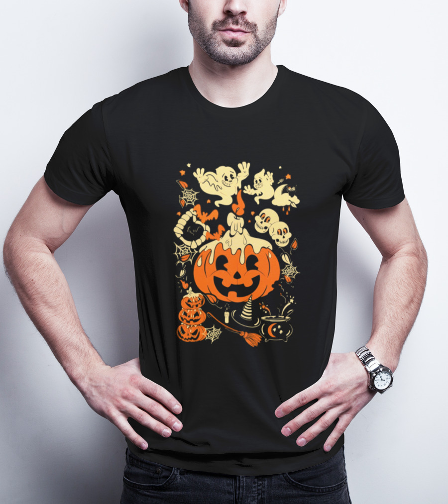 Halloween Pumpkin Ghost Skull Witch Hat Cauldron Spooky Bat T-Shirt