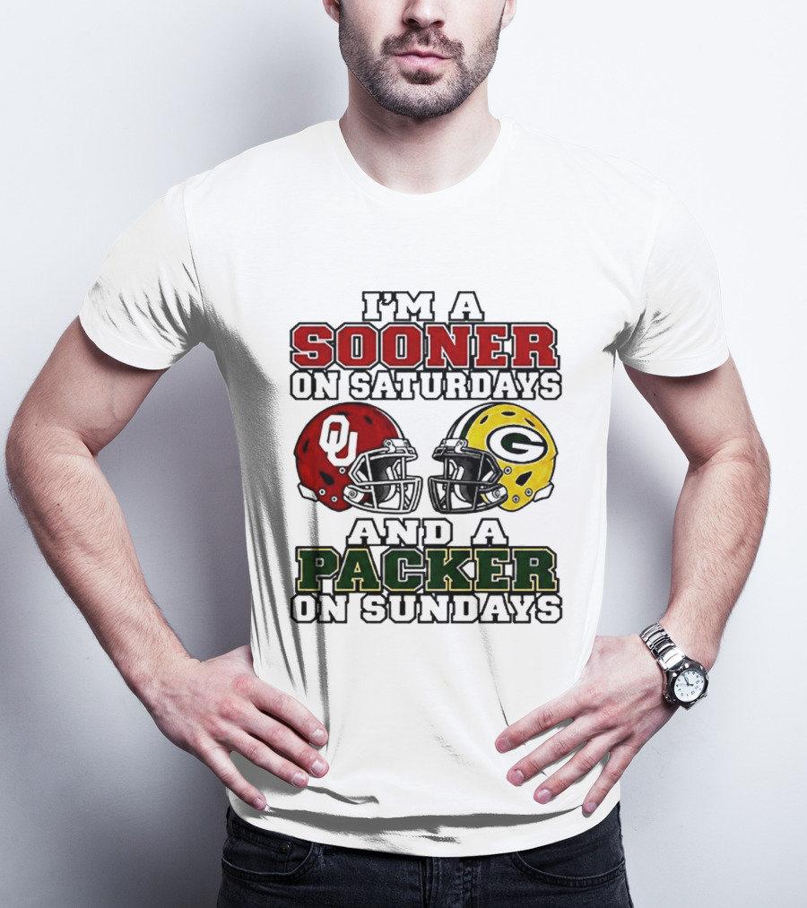 I'm A Sooner On Saturdays And A Packer On Sundays OU Green Bay Helmets 2026 T-Shirt