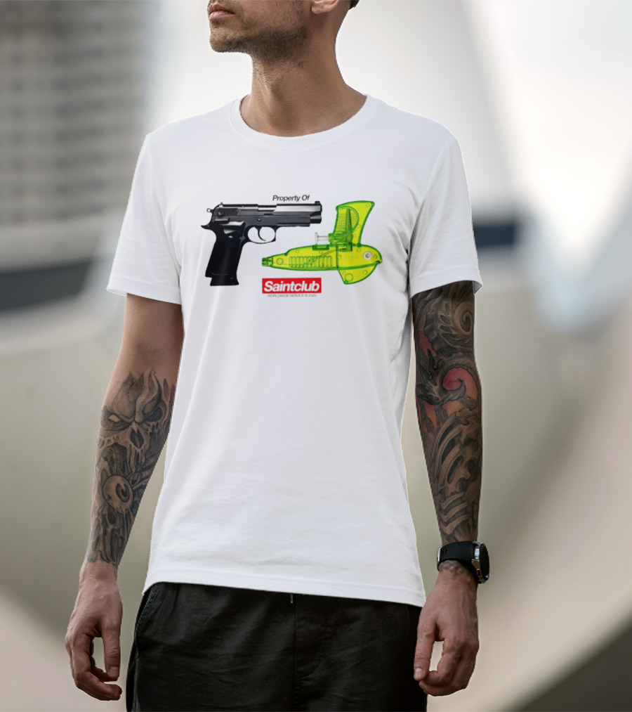 Pistol Property Saintclub Worldwide Service 2026 Black And Green Water Guns T-Shirt