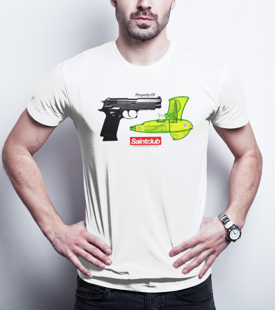 Pistol Property Saintclub Worldwide Service 2026 Black And Green Water Guns T-Shirt
