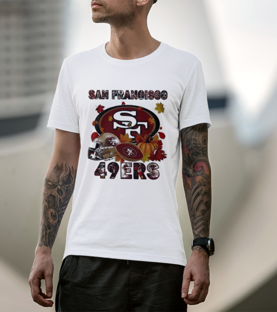San Francisco 49ers Autumn 2026 Football Helmet And Pumpkin Leaves T-Shirt