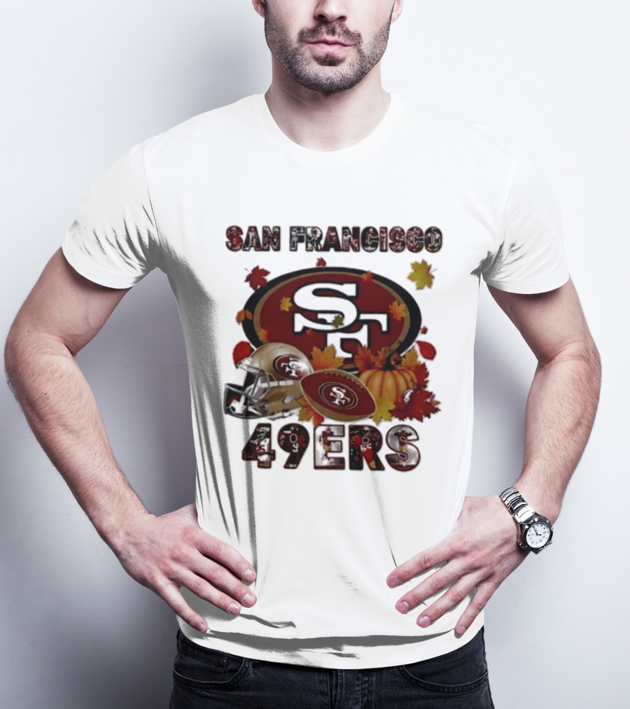 San Francisco 49ers Autumn 2026 Football Helmet And Pumpkin Leaves T-Shirt