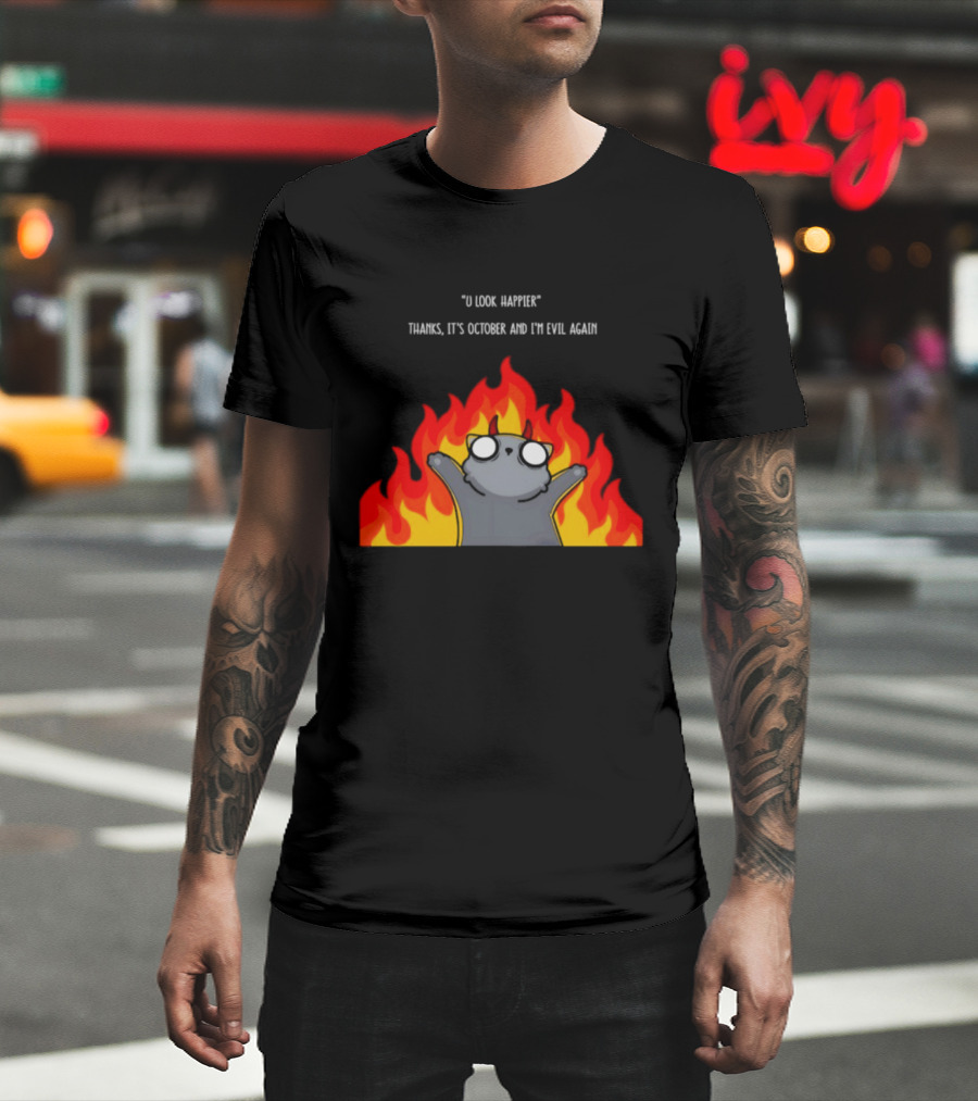 U Look Happier Thanks It Is October And I Am Evil Again Cat In Flames T-Shirt