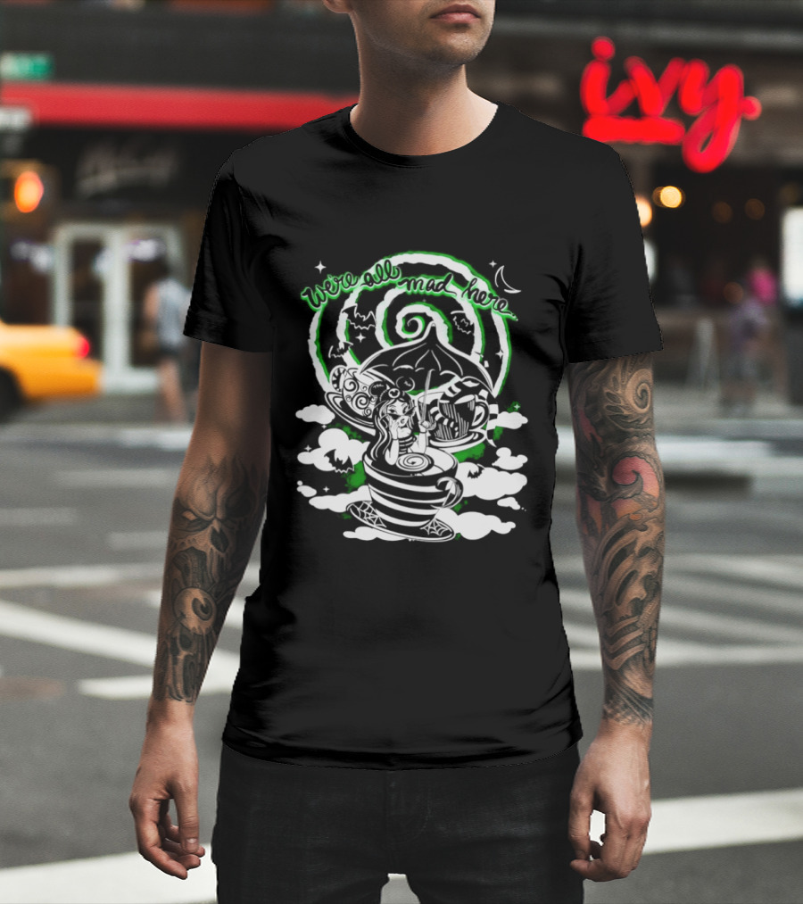 We Are All Mad Here Gothic Wonderland Tea Party Alice Moon Spiral T-Shirt