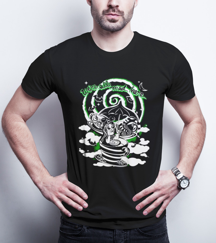 We Are All Mad Here Gothic Wonderland Tea Party Alice Moon Spiral T-Shirt