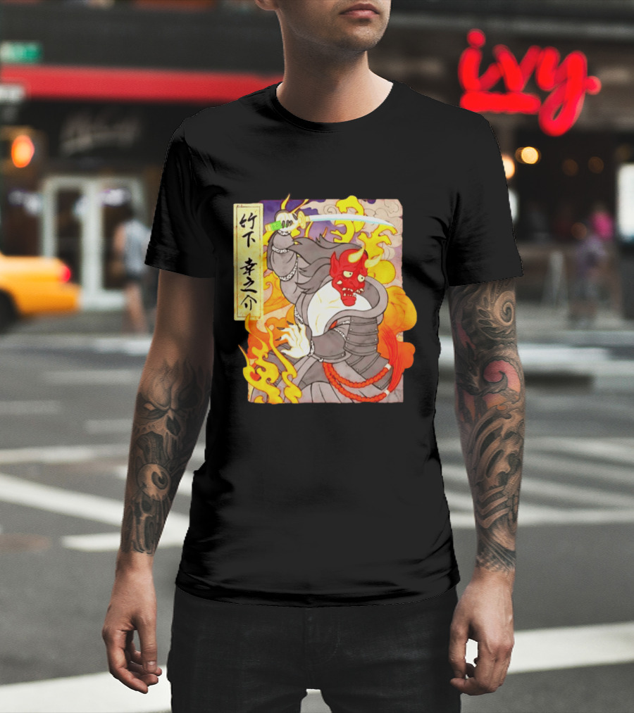 Konosuke Takeshita Demon Samurai AEW Collaboration With Japanese Inspired Flames And Sword T-Shirt