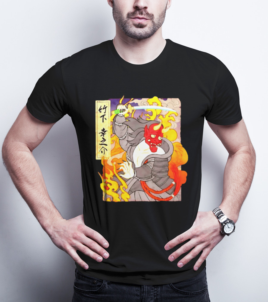 Konosuke Takeshita Demon Samurai AEW Collaboration With Japanese Inspired Flames And Sword T-Shirt