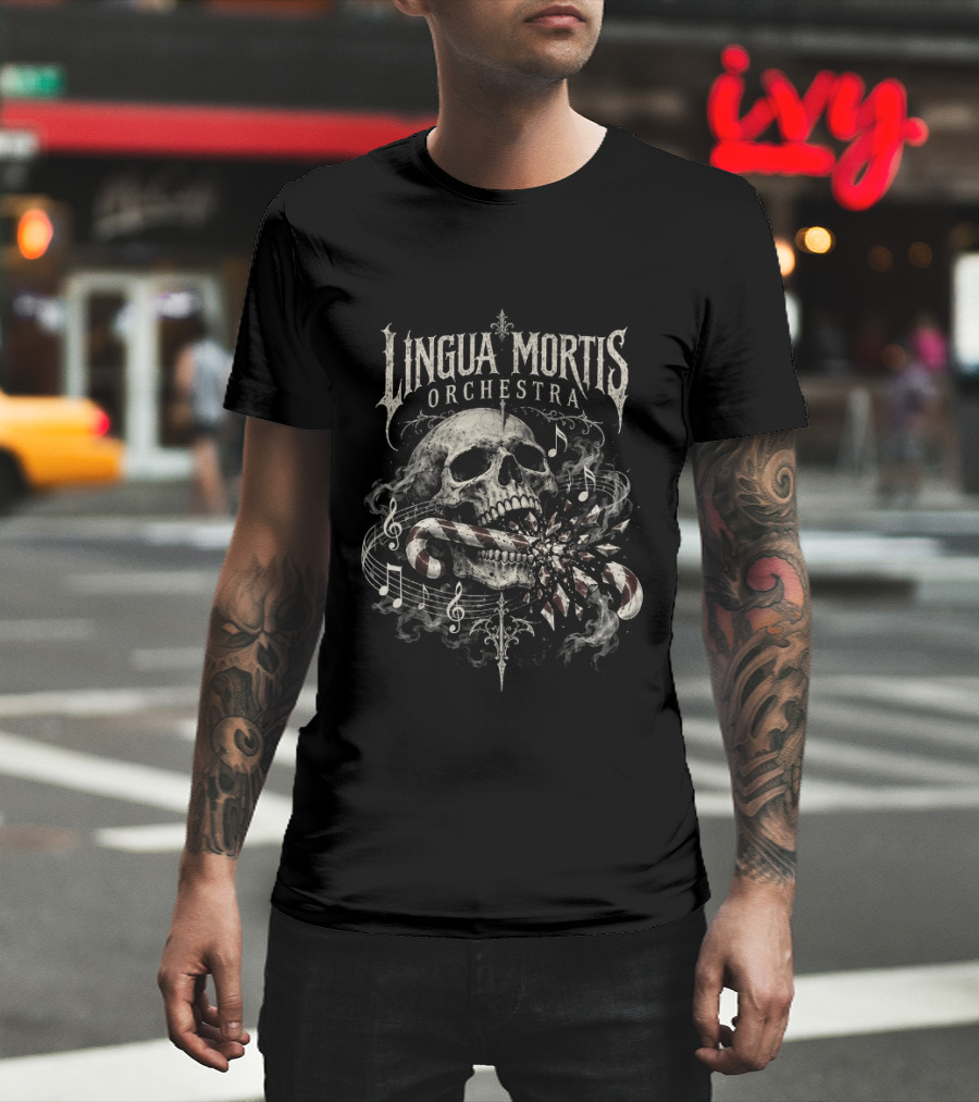 Lingua Mortis Orchestra Shattered Candy Cane Skull Gothic Music Lovers T-Shirt