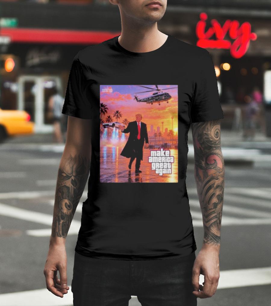 Make America Great Again Flying Cars Helicopter Sunset T-Shirt