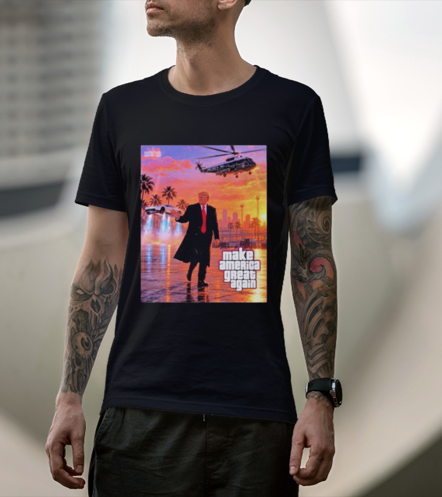 Make America Great Again Flying Cars Helicopter Sunset T-Shirt