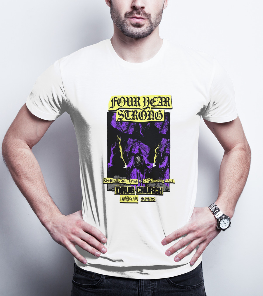 Four Year Strong Rise Or Die Trying 25th Anniversary Tour Drug Church Heart Attack Man Save Face Purple Cloaked Figure T-Shirt