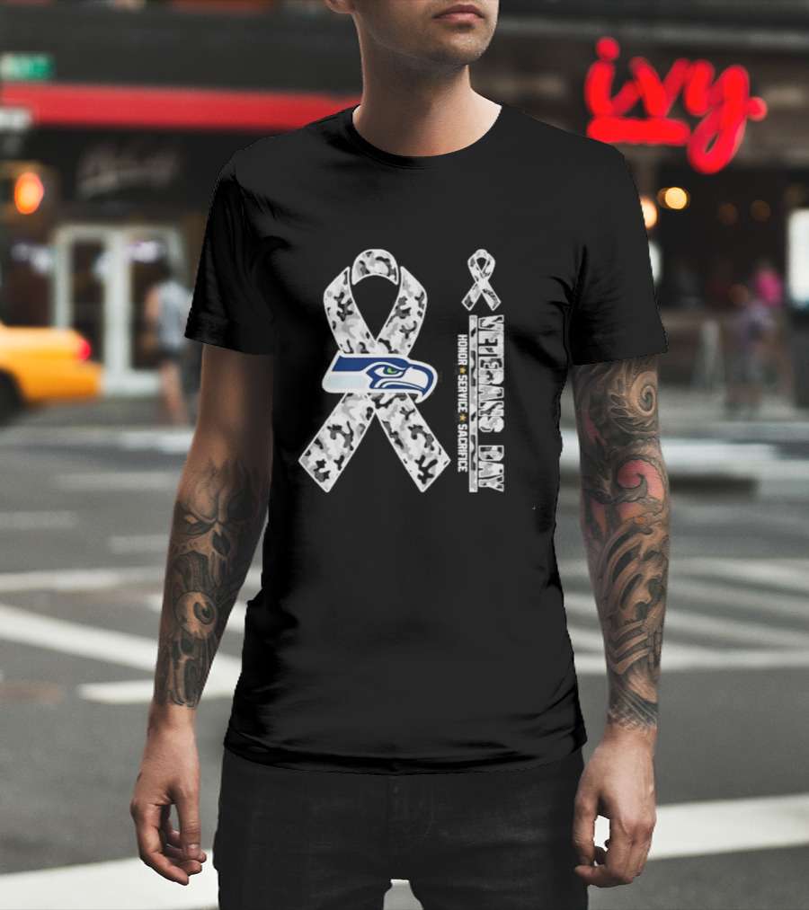 Seattle Seahawks Veterans Day 2026 Honor Service Sacrifice Ribbon Camo T-Shirt