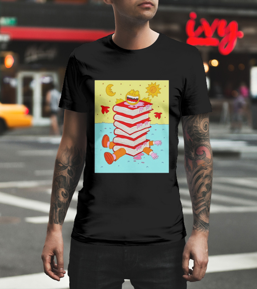 Smiling Face Moon Sun Birds Stack Of Books Reading T-Shirt