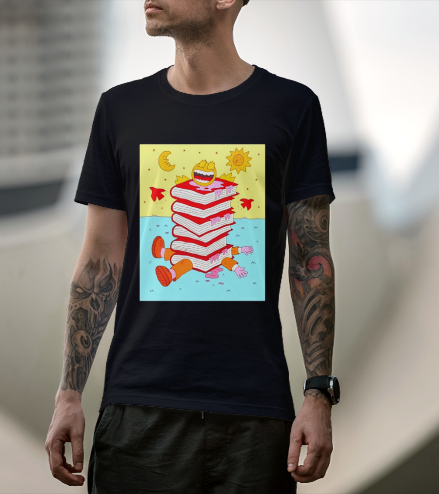 Smiling Face Moon Sun Birds Stack Of Books Reading T-Shirt