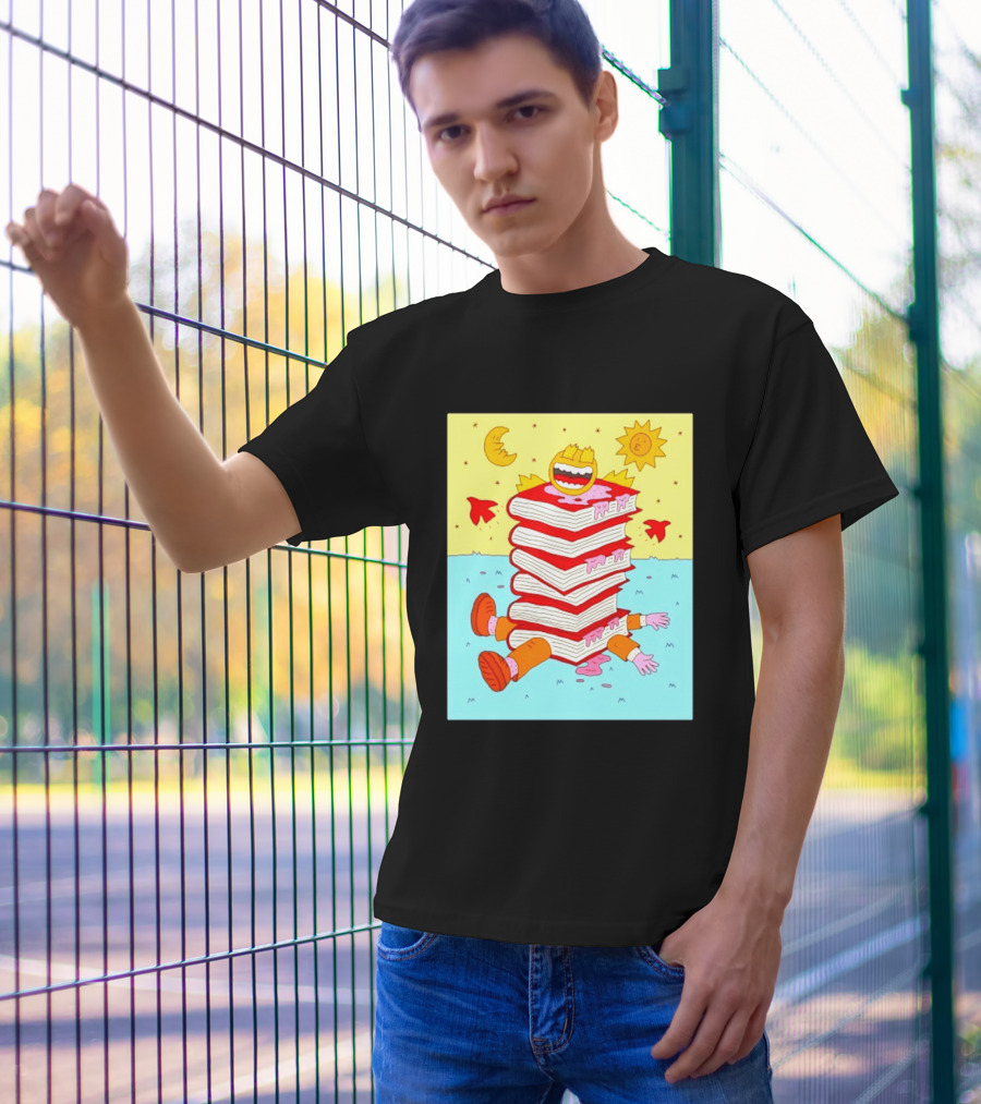 Smiling Face Moon Sun Birds Stack Of Books Reading T-Shirt