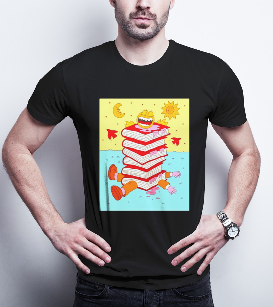 Smiling Face Moon Sun Birds Stack Of Books Reading T-Shirt