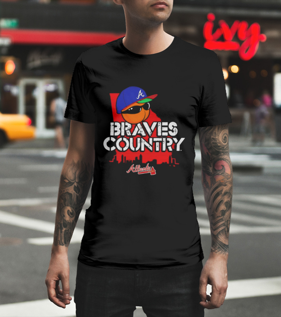 Braves Country Atlanta A Cap Sunglasses Georgia Map Red Skyline T-Shirt