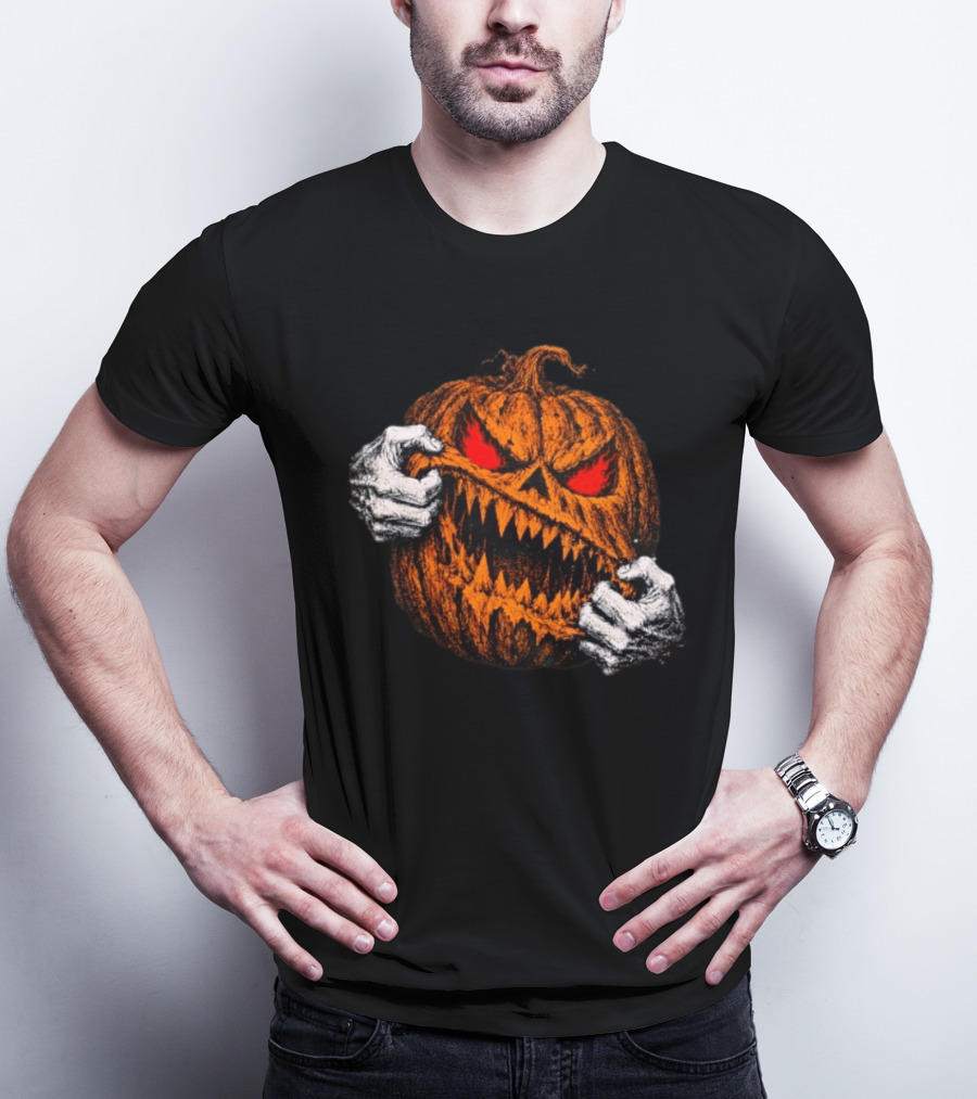 Halloween 2026 Evil Pumpkin Glowing Eyes Sharp Teeth Grinning Horror T-Shirt