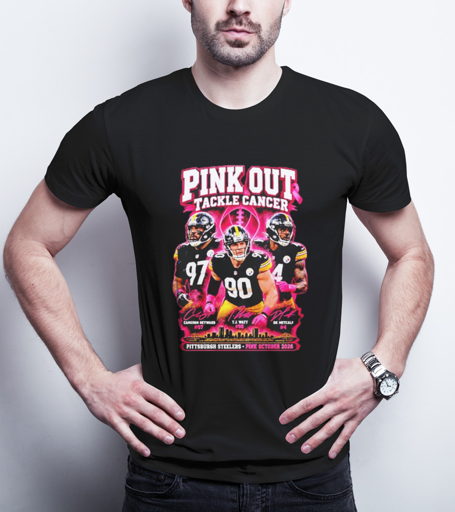 Pittsburgh Steelers Pink Out Tackle Cancer October 2026 Player Signatures Heyward Watt Fitzpatrick T-Shirt