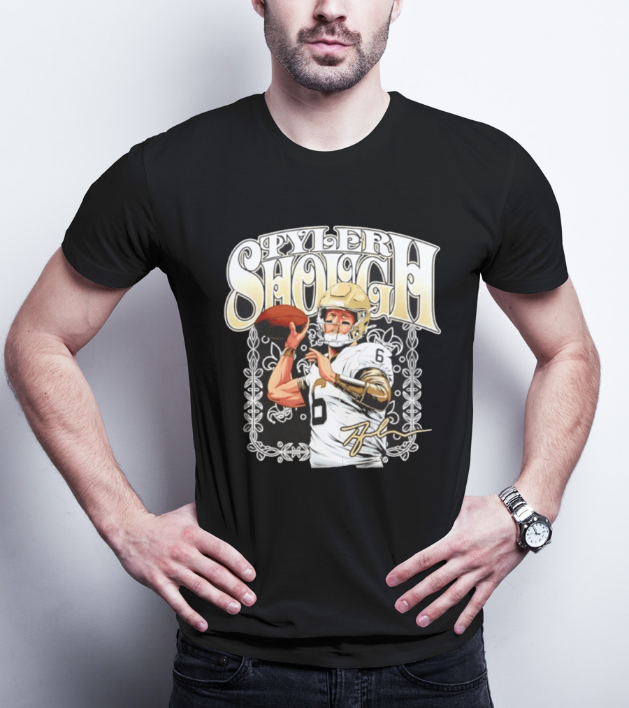Tyler Shough New Orleans Saints Groovy Football Art With Player Signature T-Shirt