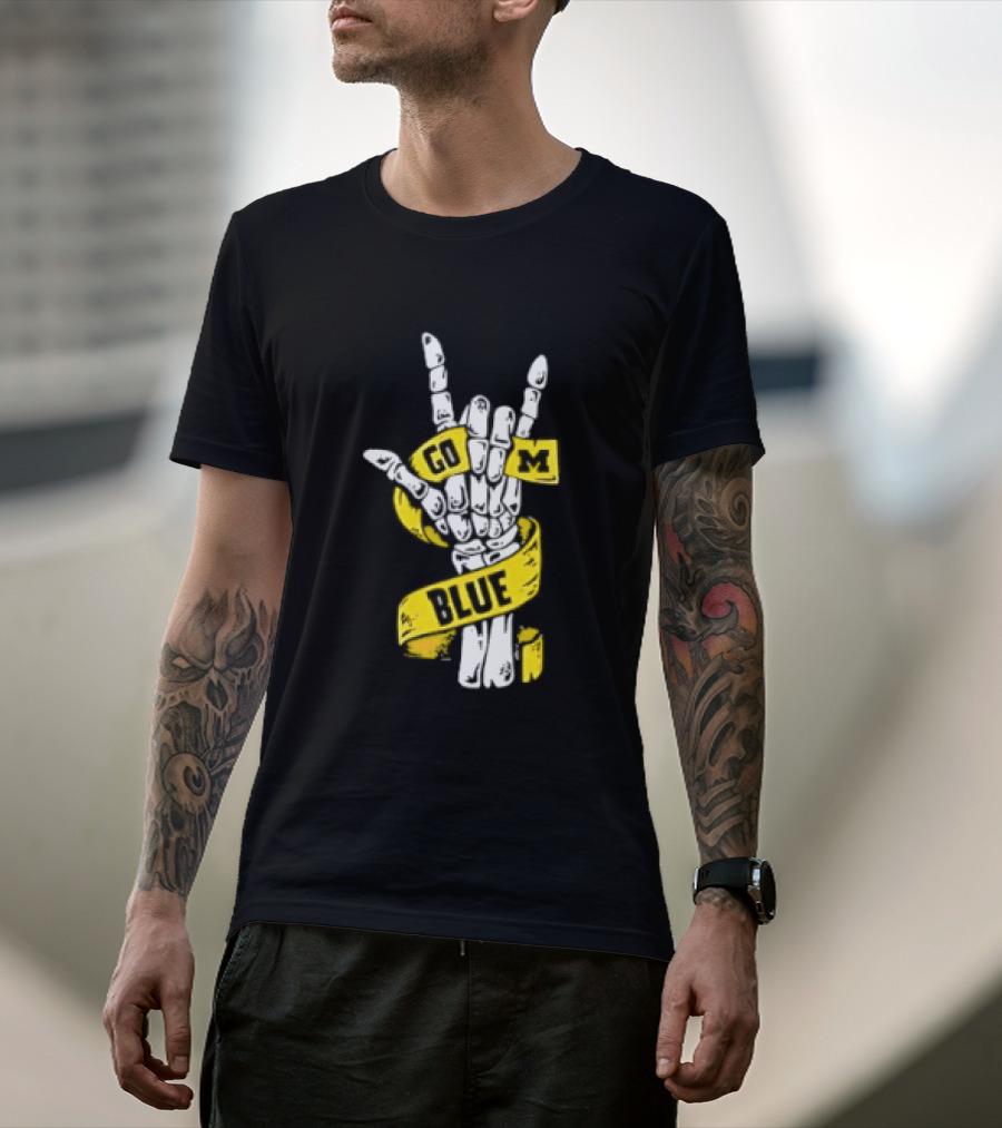 Michigan Wolverines Go Blue Skeleton Hand ILY Gesture T-Shirt