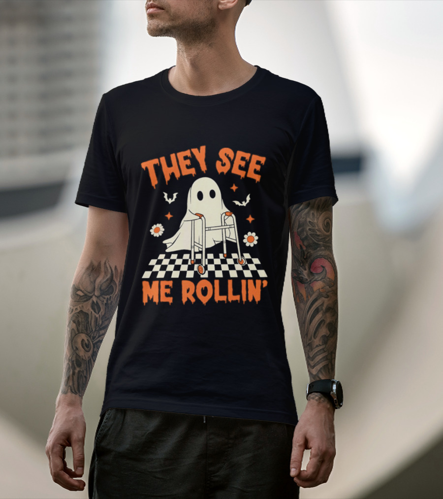 They See Me Rollin' Halloween Ghost Checkerboard Spooky Bats T-Shirt