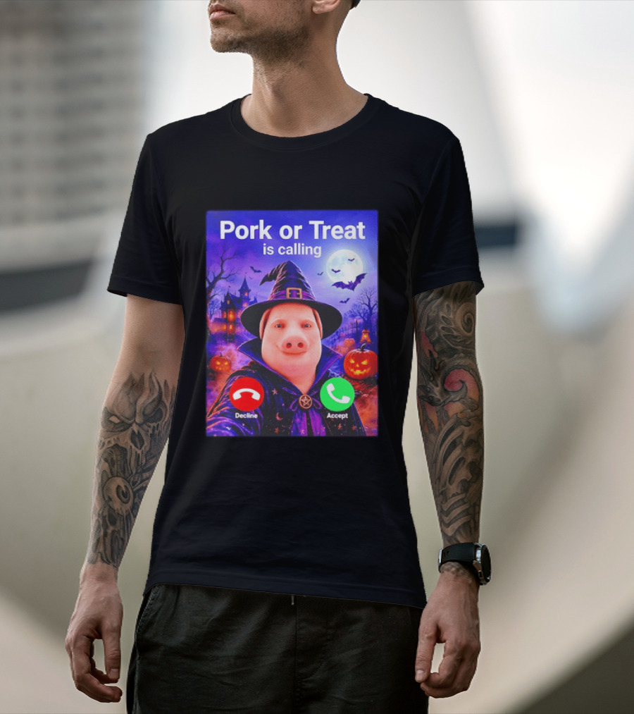 Pork Or Treat Is Calling Halloween Witch Pig Costume Moon Pumpkins T-Shirt