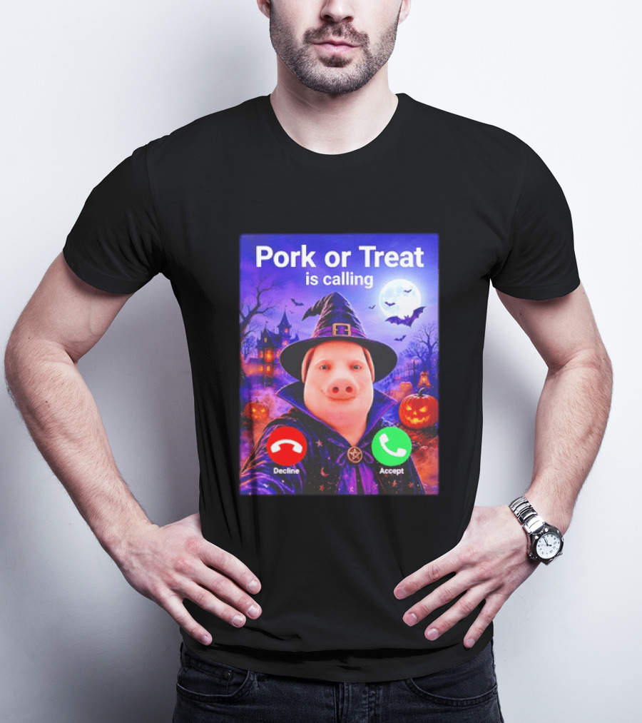 Pork Or Treat Is Calling Halloween Witch Pig Costume Moon Pumpkins T-Shirt
