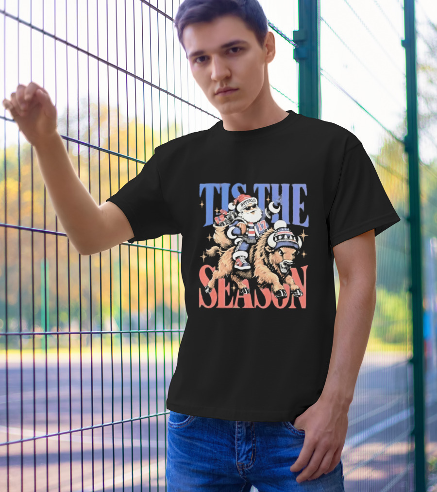 Tis The Season Santa Claus Riding Buffalo Bills No 17 Christmas T-Shirt