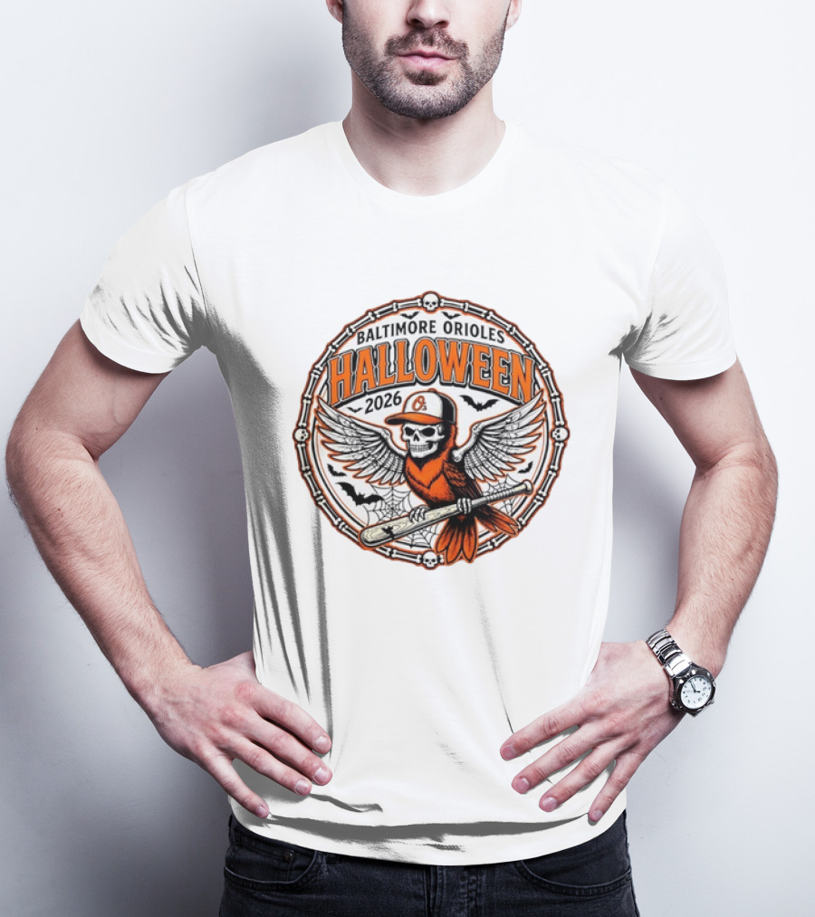 Baltimore Orioles Halloween 2026 Skeleton Bird Bat Wings T-Shirt