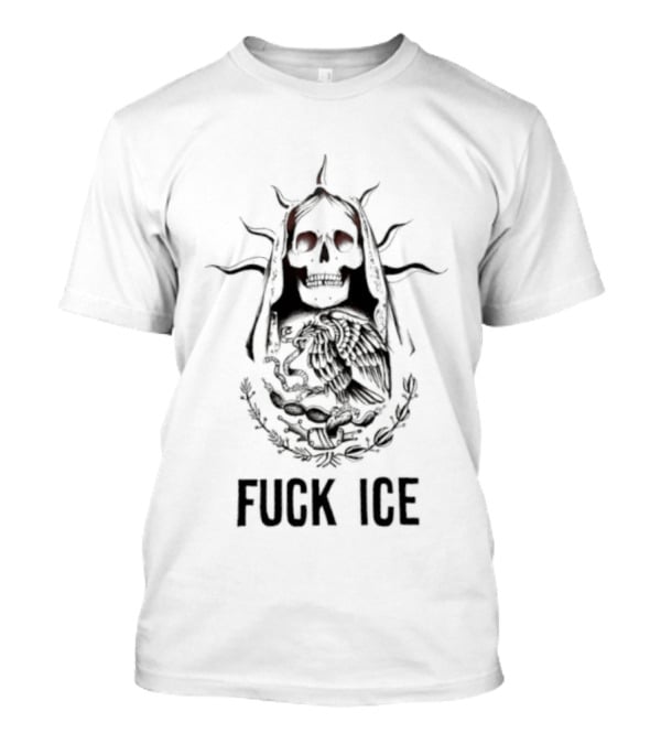 Skull With Spiked Hair And Laurel Wreath On Fuck Ice Protest T-Shirt