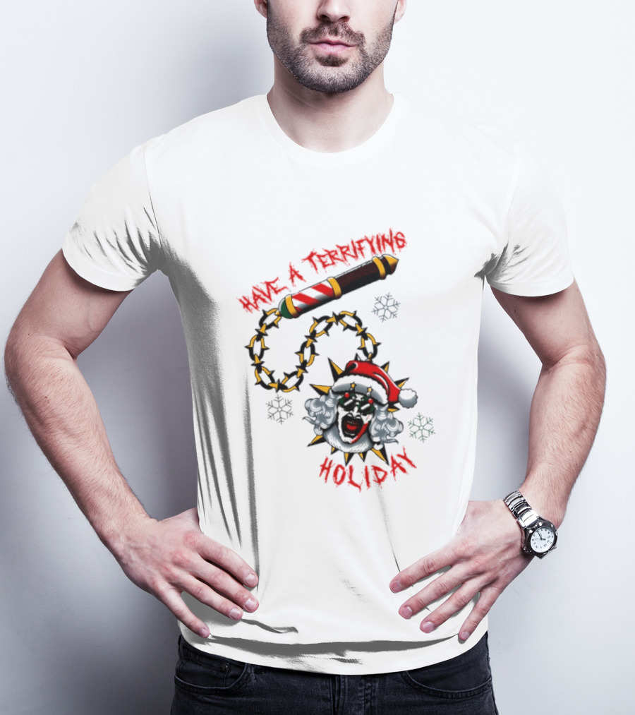 Terrifying Holiday Santa Clown With Spiked Barber Pole Chain T-Shirt