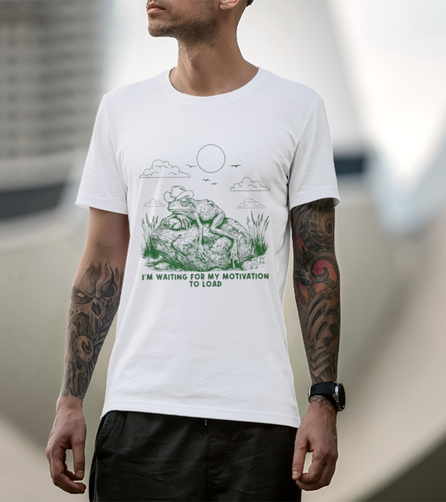I'm Waiting For My Motivation To Load Cowboy Frog Sun Clouds T-Shirt