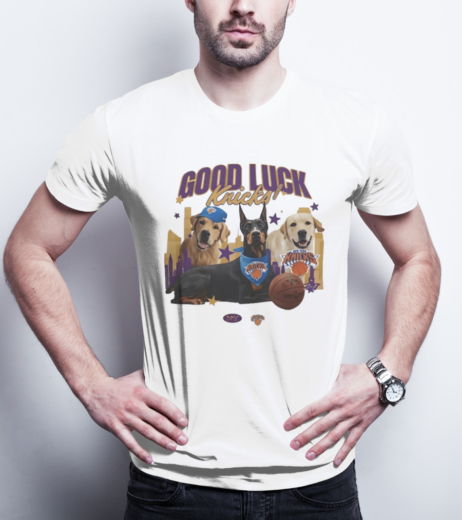 Good Luck Knicks NY Basketball Dogs With Skyline And Stars T-Shirt