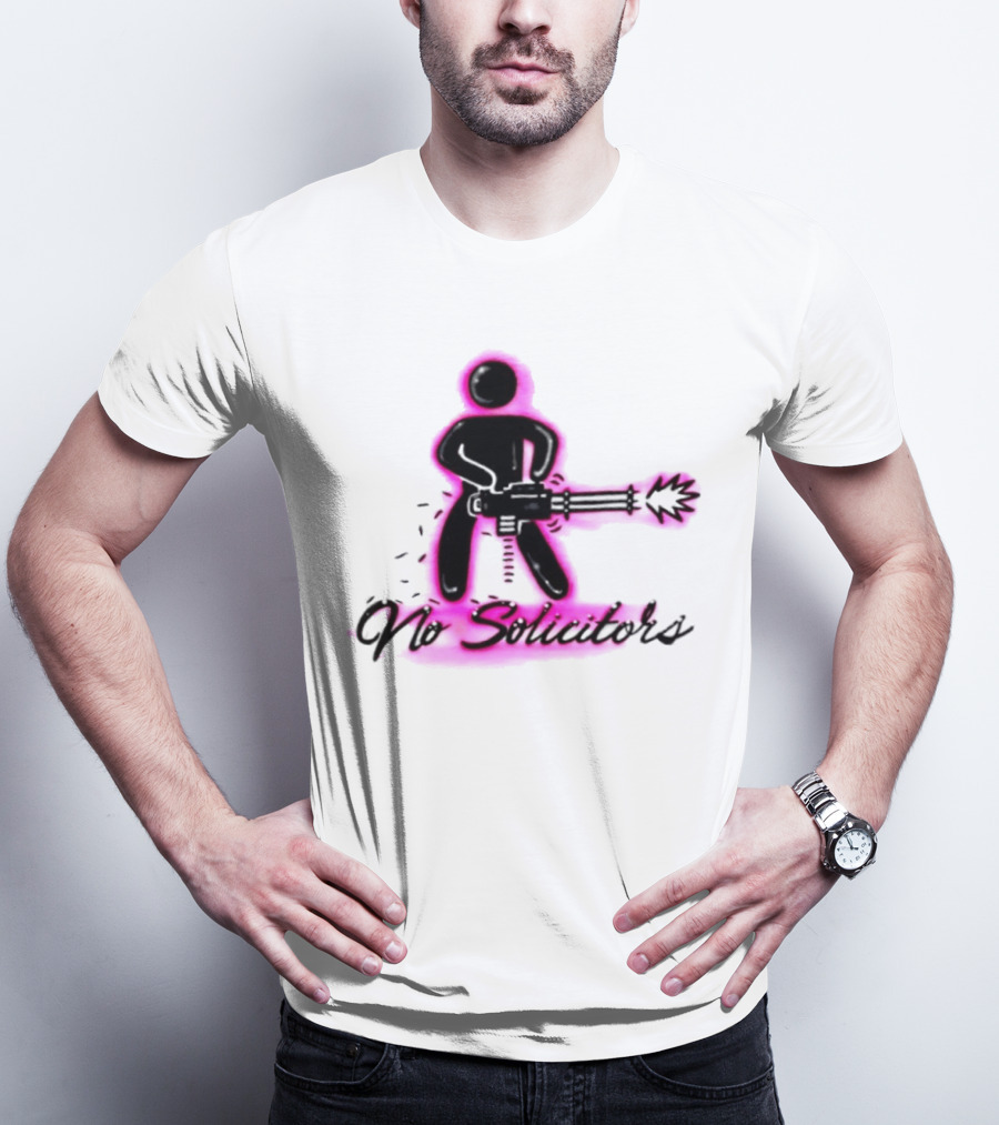 No Solicitors Stick Figure Minigun Comic T-Shirt
