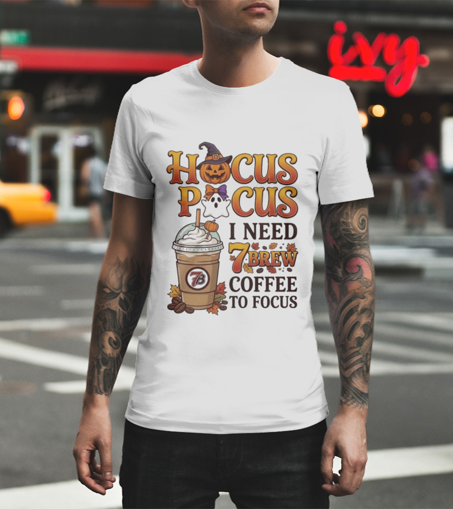 Hocus Pocus I Need 7 Brew Coffee To Focus Halloween Pumpkin Ghost T-Shirt