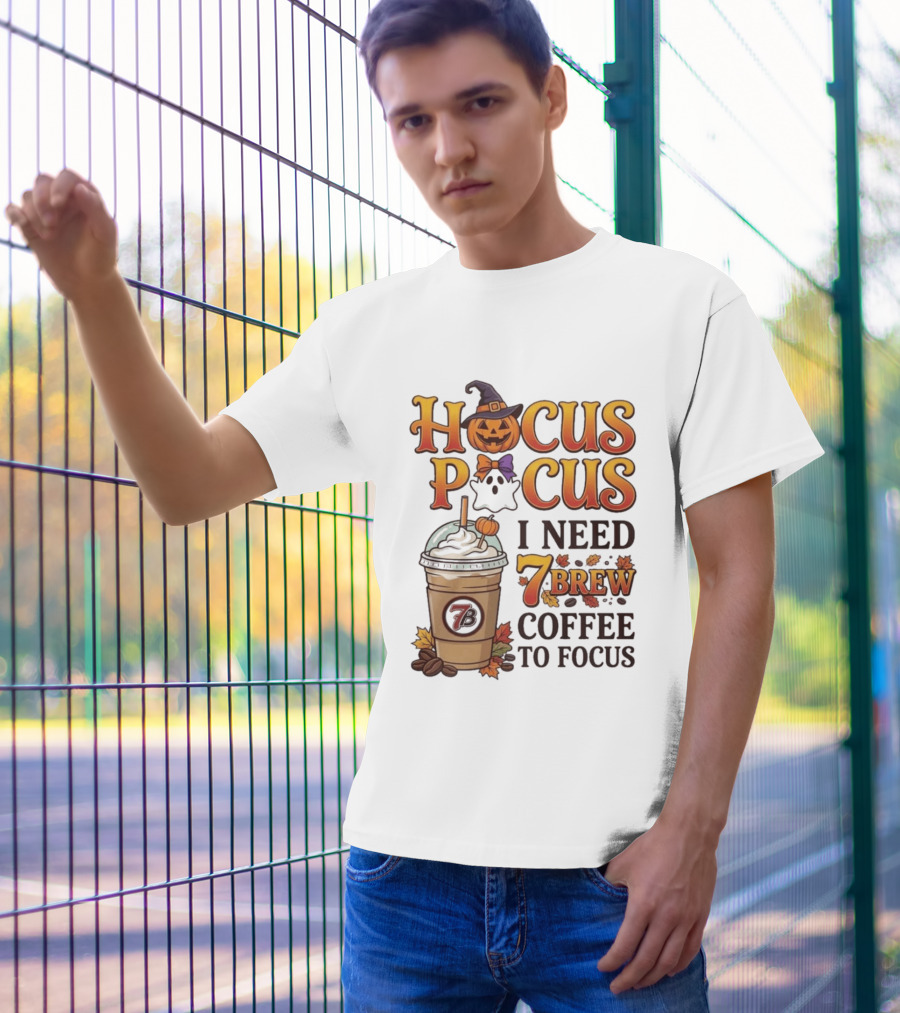 Hocus Pocus I Need 7 Brew Coffee To Focus Halloween Pumpkin Ghost T-Shirt